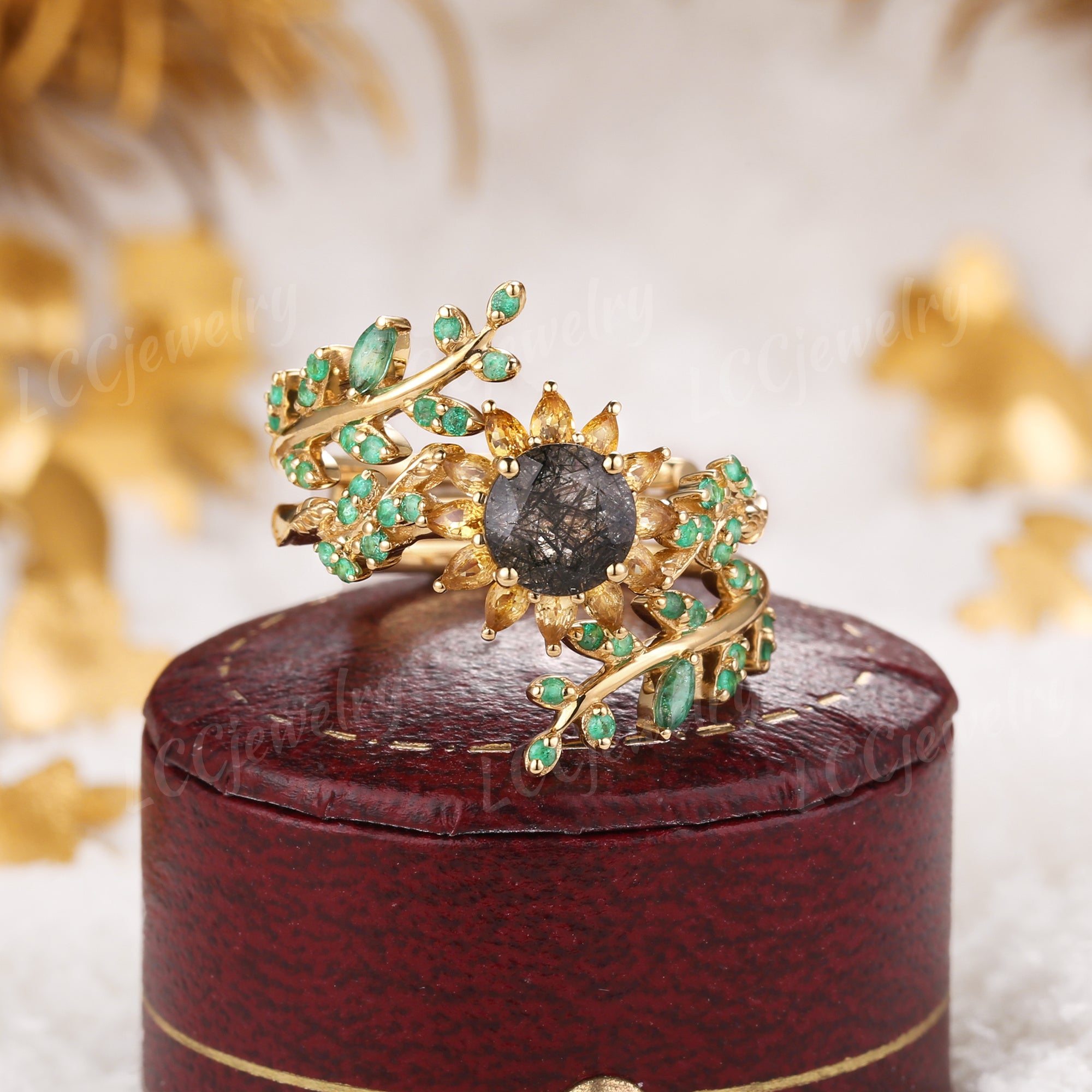 Flower Inspired One of a kind Sunflower Design engagement ring set LCCjewelry